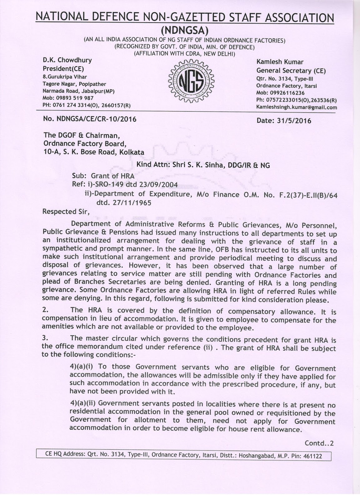 National Defence Non-Gazetted Staff Association: Letter of Grant HRA.