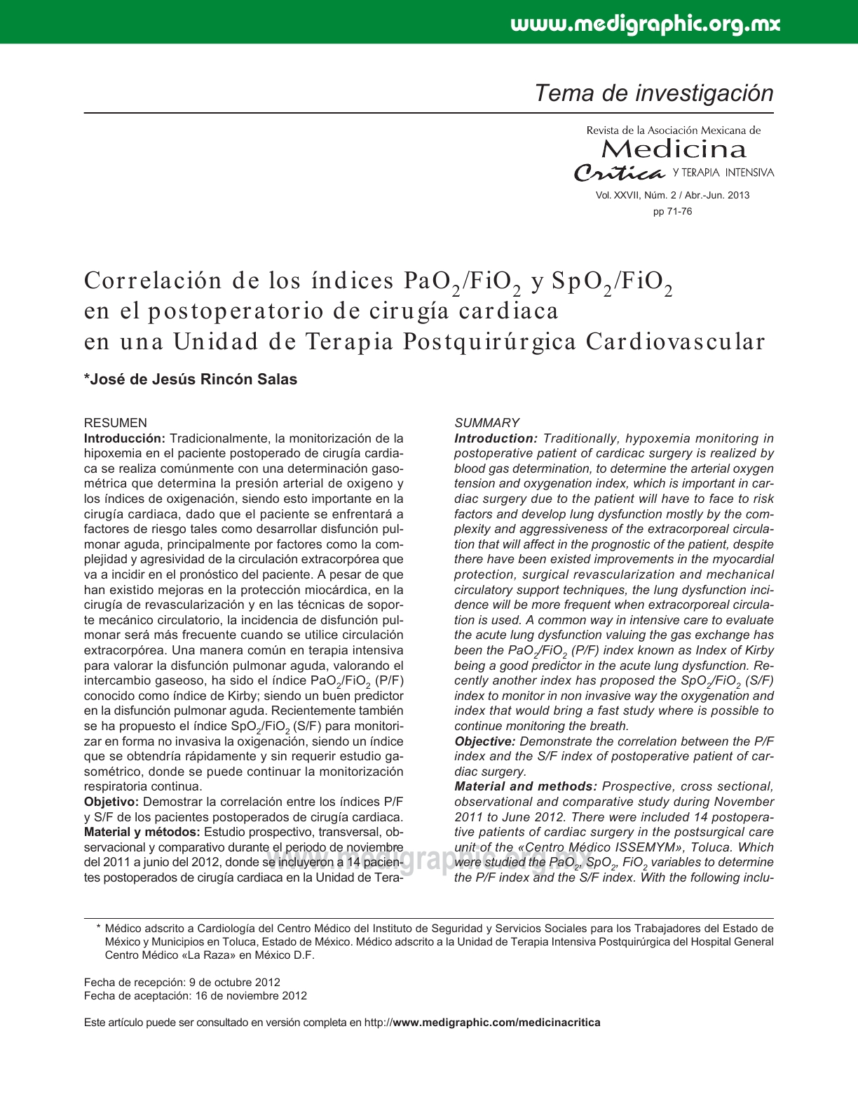 Laboratorio deTerapia Intensiva: Correlación de los índices PaO2/FiO2 y ...
