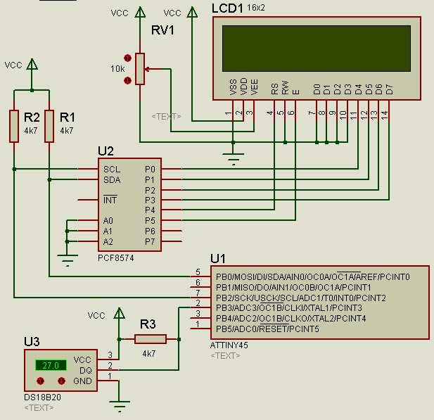 Funduino: ATtiny45 PCF8574 LCD DS18B20 show temparature only