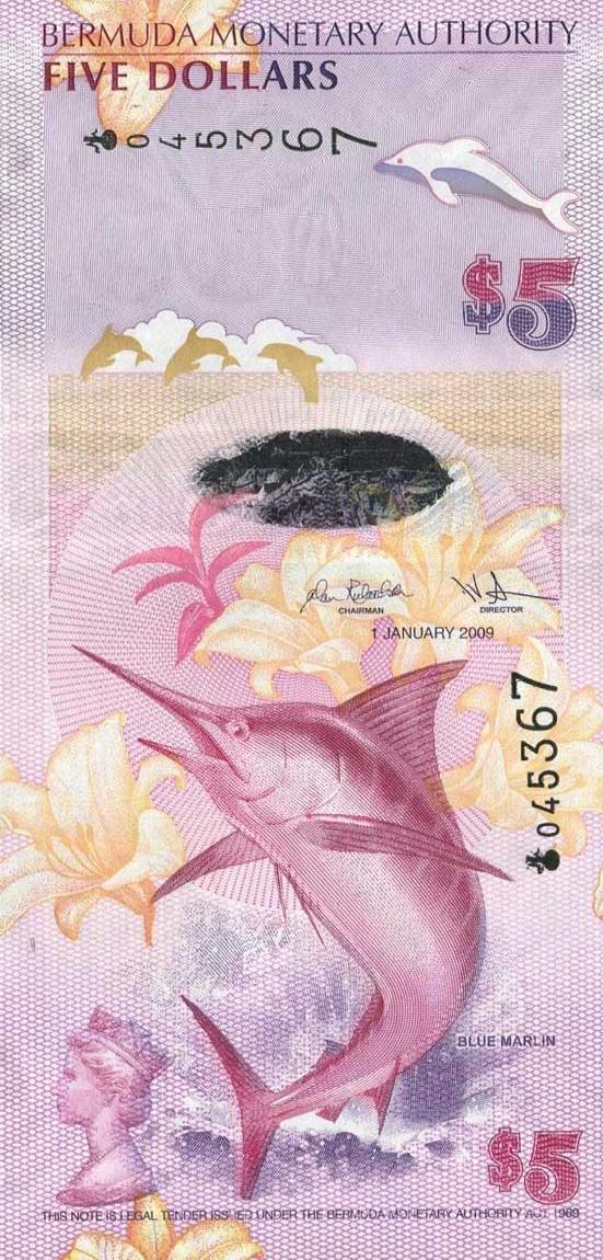 My Currency Collection: Bermuda Currency 5 Dollars banknote 2009 Blue Marlin