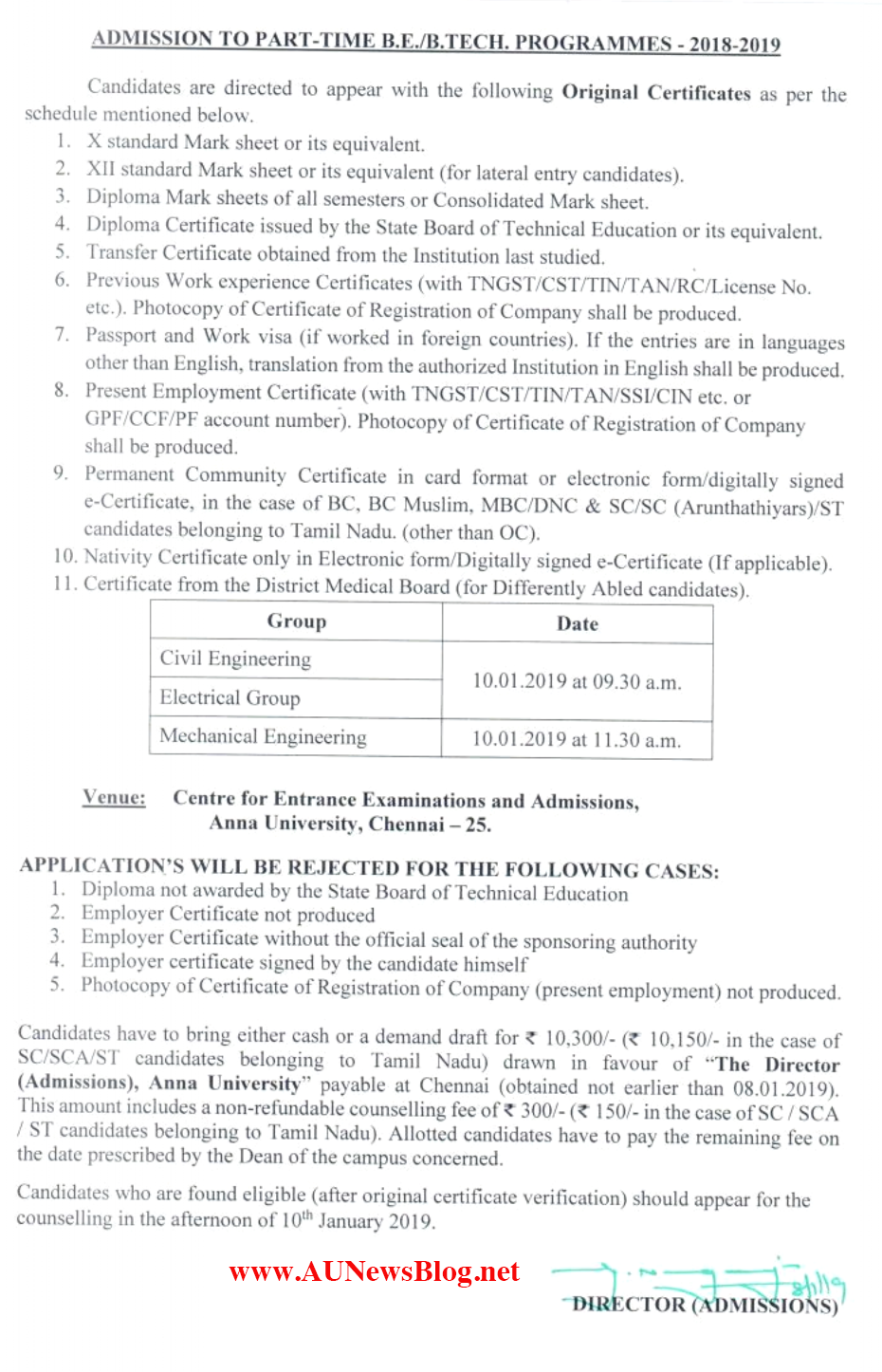 Anna University B.E/B.Tech Part Time Admission 2019 Certificate ...