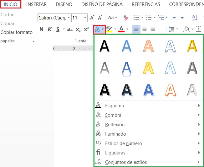 ofimatica: Paleta, Cinta de Opciones, pestaña de WORD INICIO