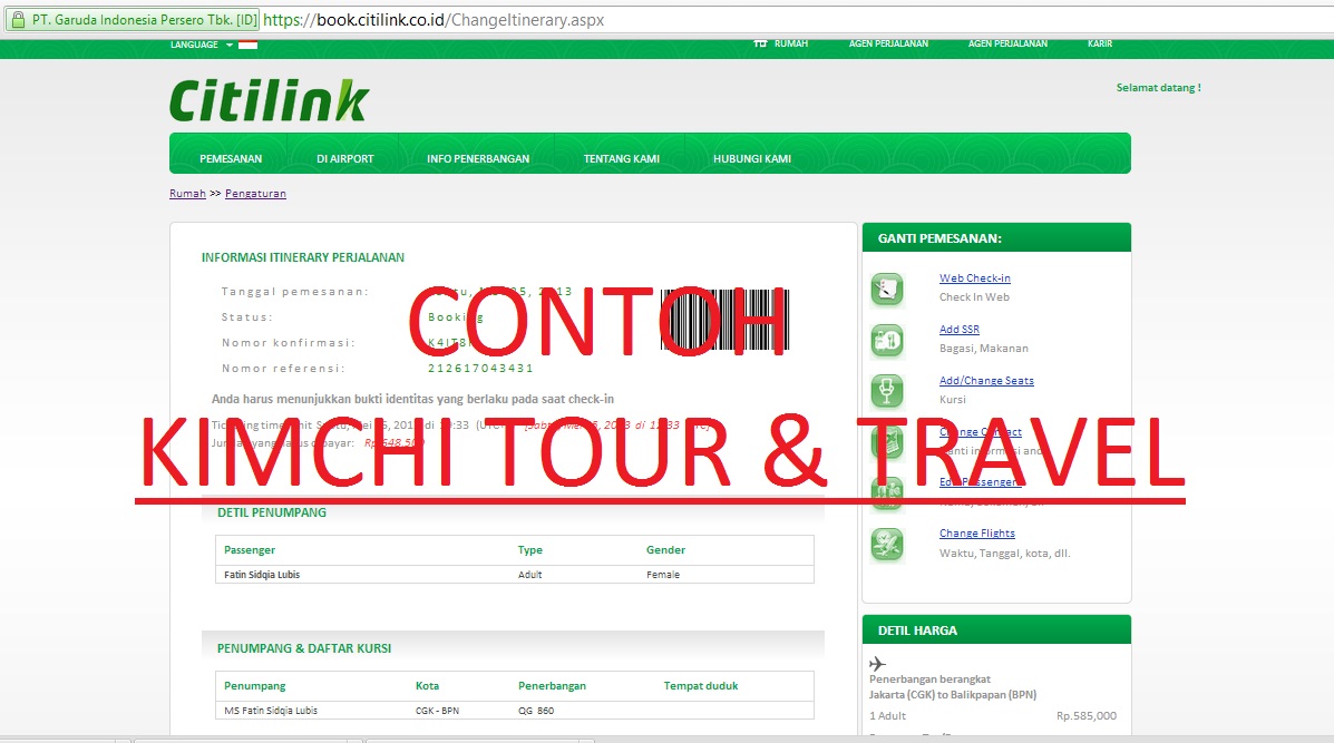 KIMCHI TOUR TRAVEL: CEK KODE BOOKING CITILINK