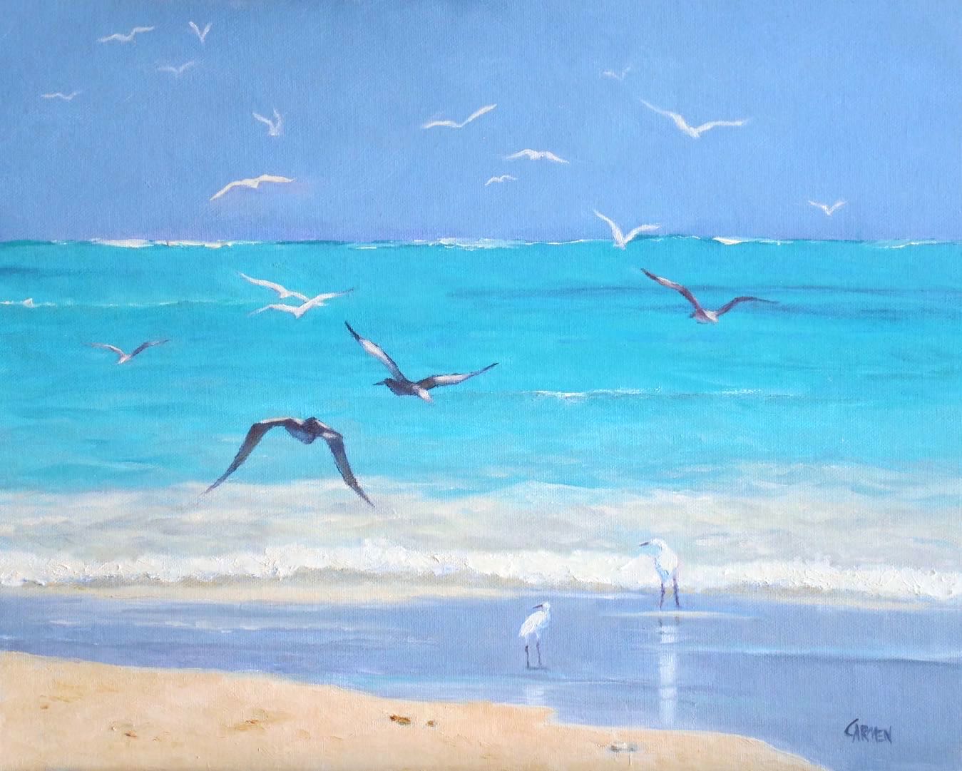 Carmen Beecher: Beach Birds, 11x14 Oil on Canvas Panel, Seascape