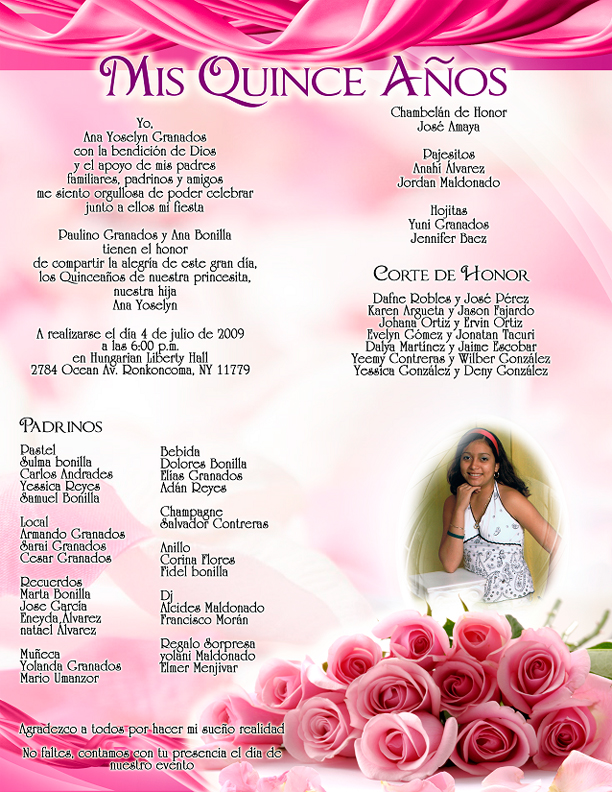 Invitación para 15 años novedosa rosada y fucsia con rosas y listones ...