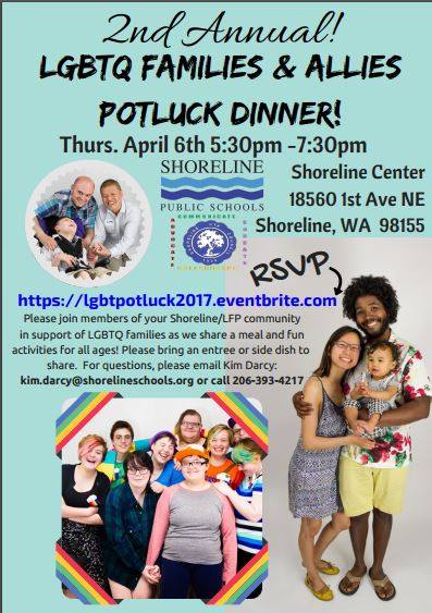 Shoreline Area News: LGBTQ Families and Allies Potluck - Thursday, April 6