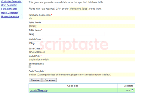 Gii CRUD Generator, Otomatisasi Pembuatan Model Yii dari Database | Scriptaste