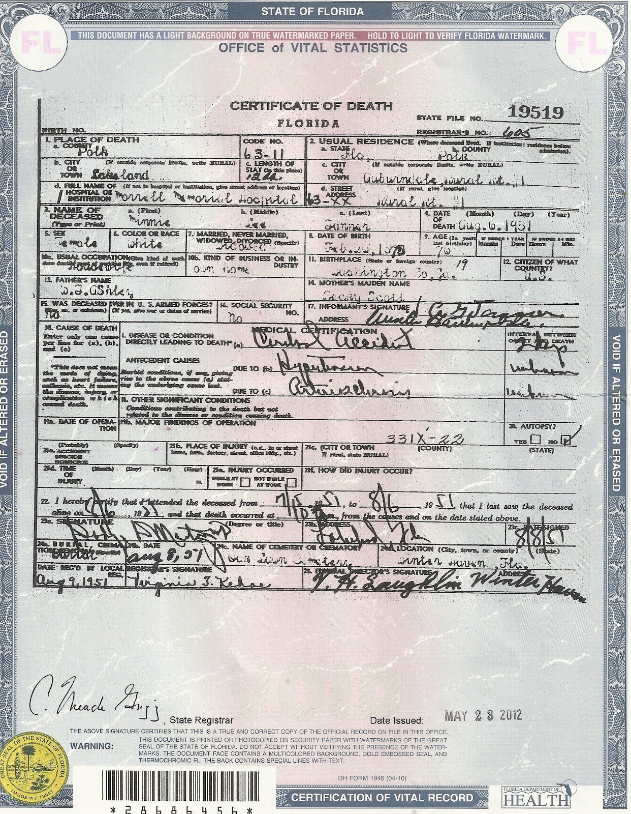 Salabencher: Death Certificates for various family members from the ...