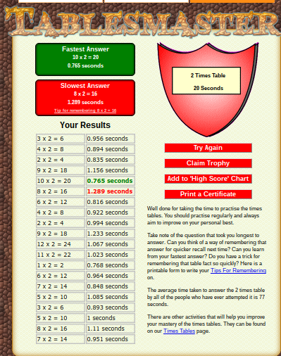 Ofa @ Panmure Bridge School: Transum - Table master - 2 Time Table