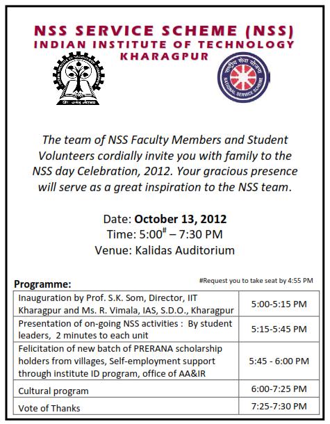 National Service Scheme, IIT Kharagpur: NSS Day Invitation