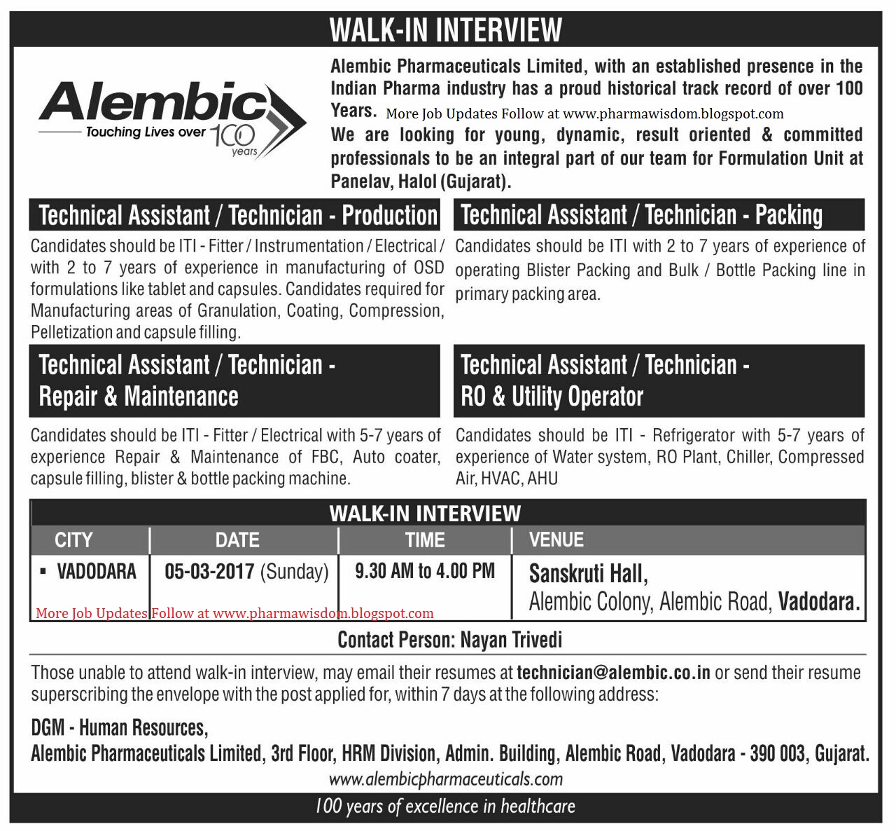 Alembic Pharmaceuticals Limited - Walk-In Interviews on 05-03-2017 ...