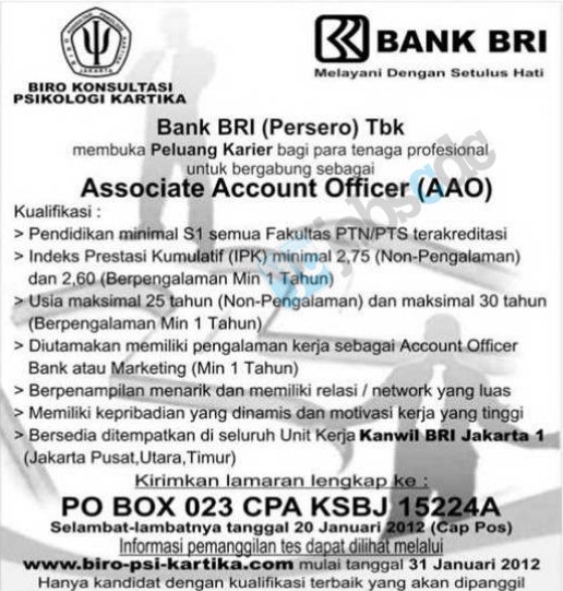 PT Bank BRI (Persero) Tbk - Recruitment Associate Account Officer ...