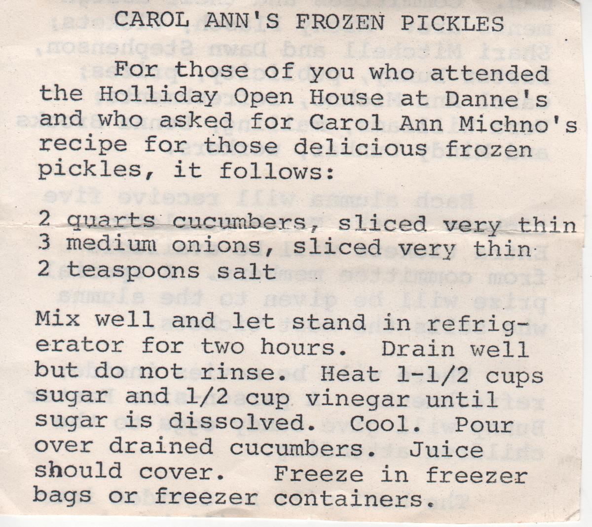 recipes I found in a yellow tin box: Carol Ann's Frozen Pickles
