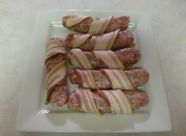 Bacon-Wrapped Brats with Mac & Cheese