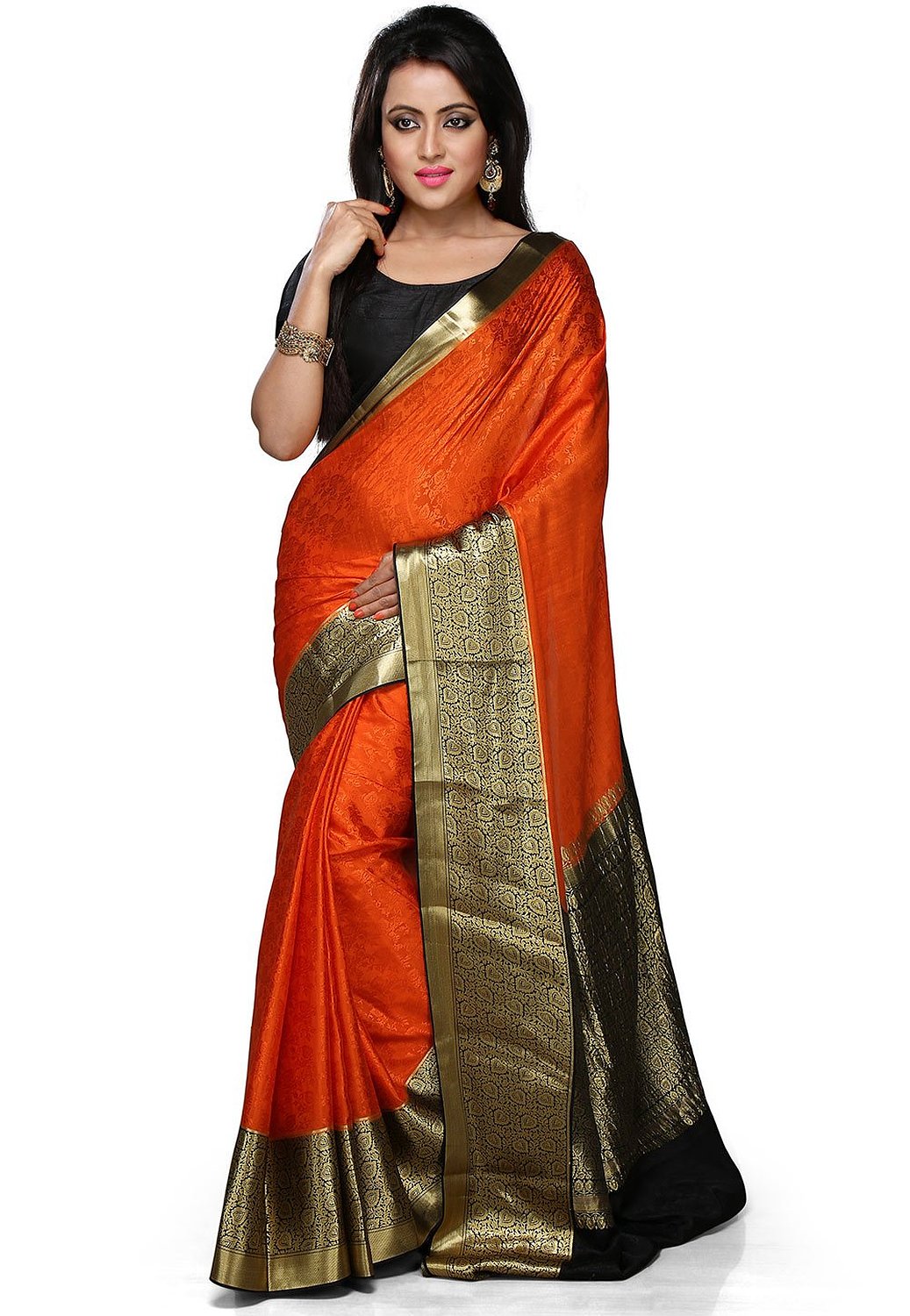 Saree Market: Pure Mysore Silk Saree Black and Orange Colour