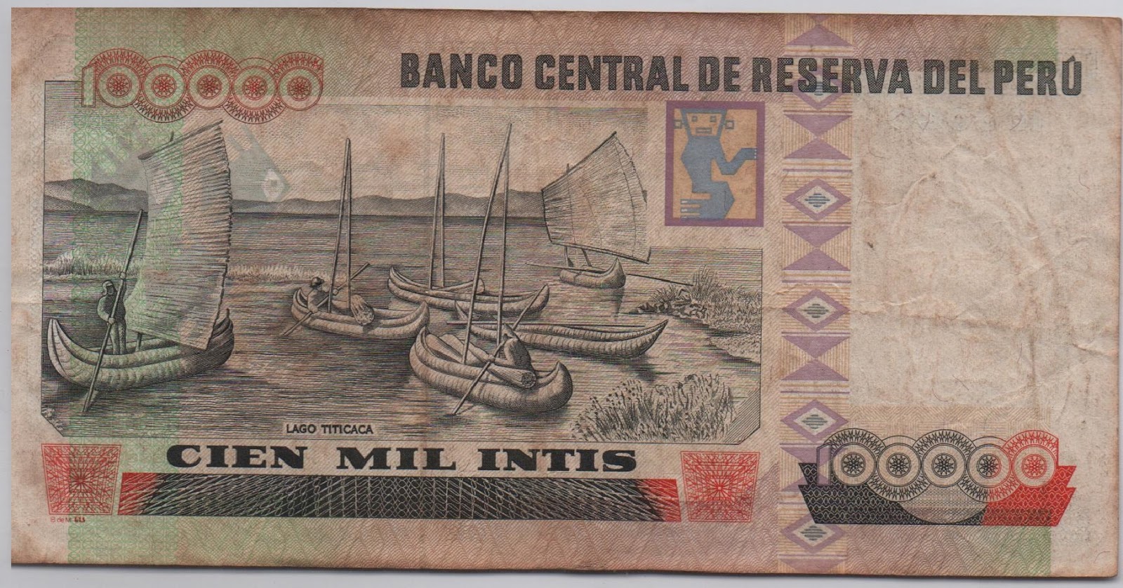 Coleccion de billetes y monedas (numismatica): 100000 intis Perú 1989 / ...