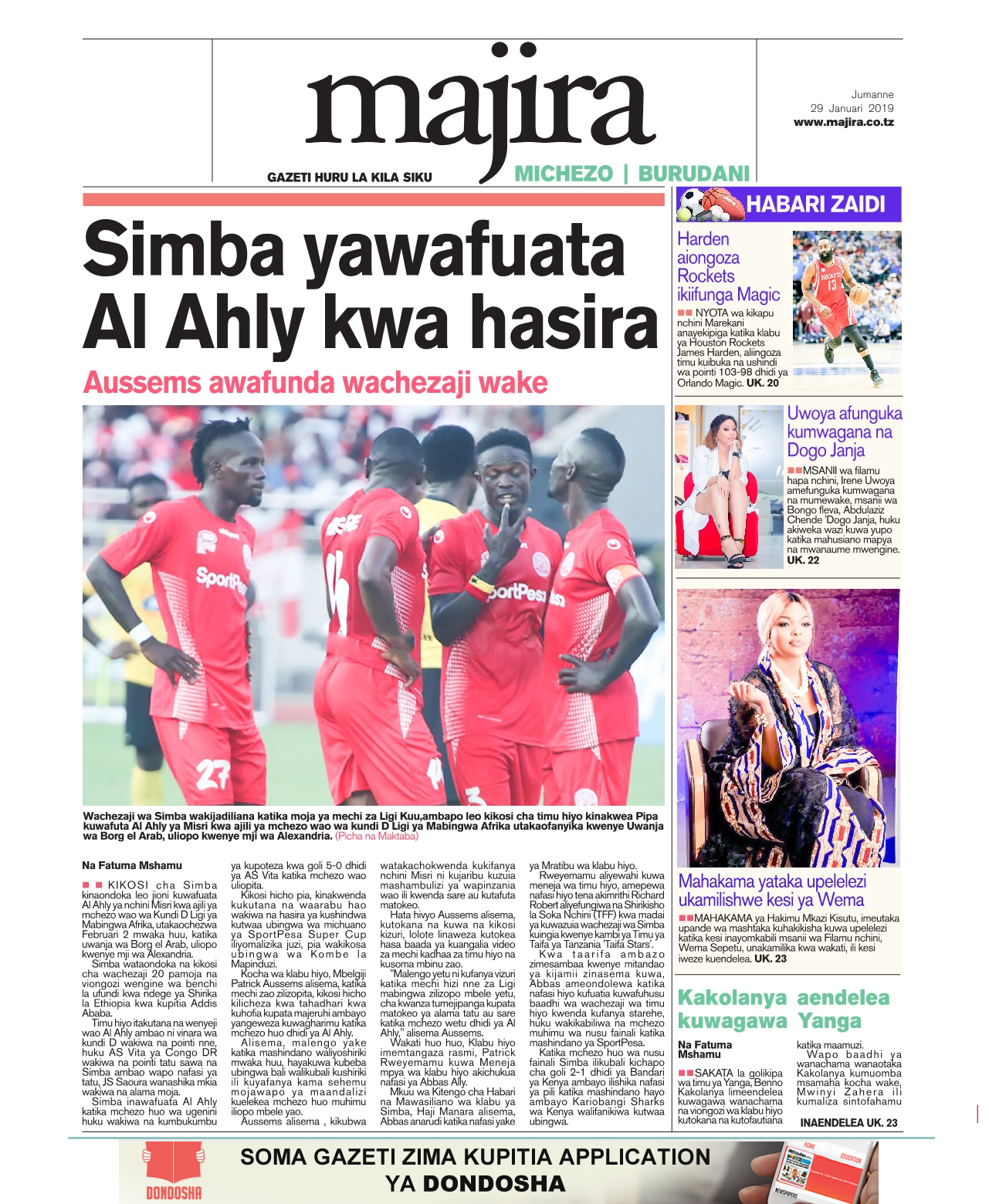 Tanzanian Today's Newspapers MAGAZETI YA LEO Tuesday 29th January, 2019 ...