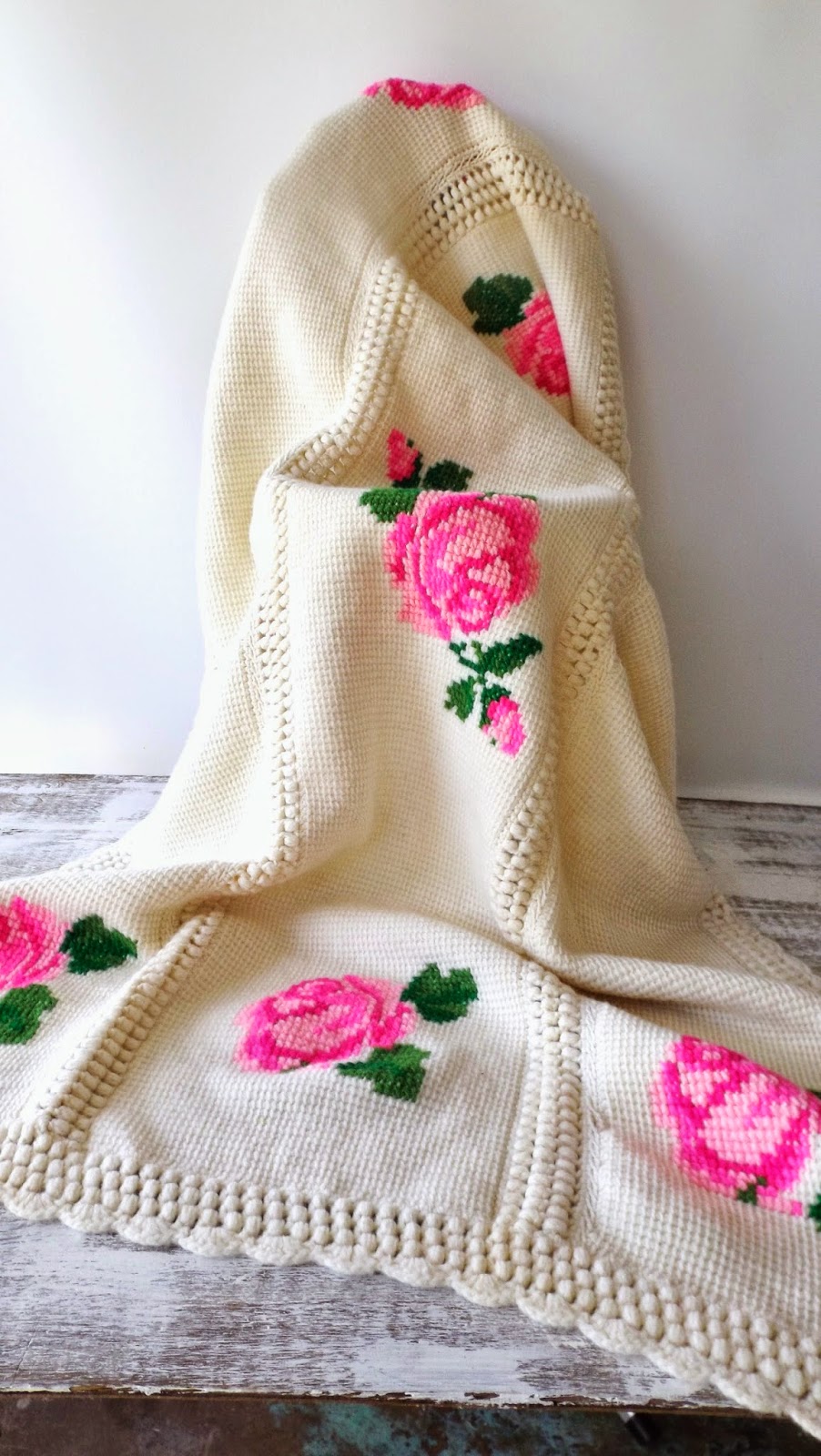 Still Stunning Vintage Resale: Crochet Afghan with Embroidered Roses ...