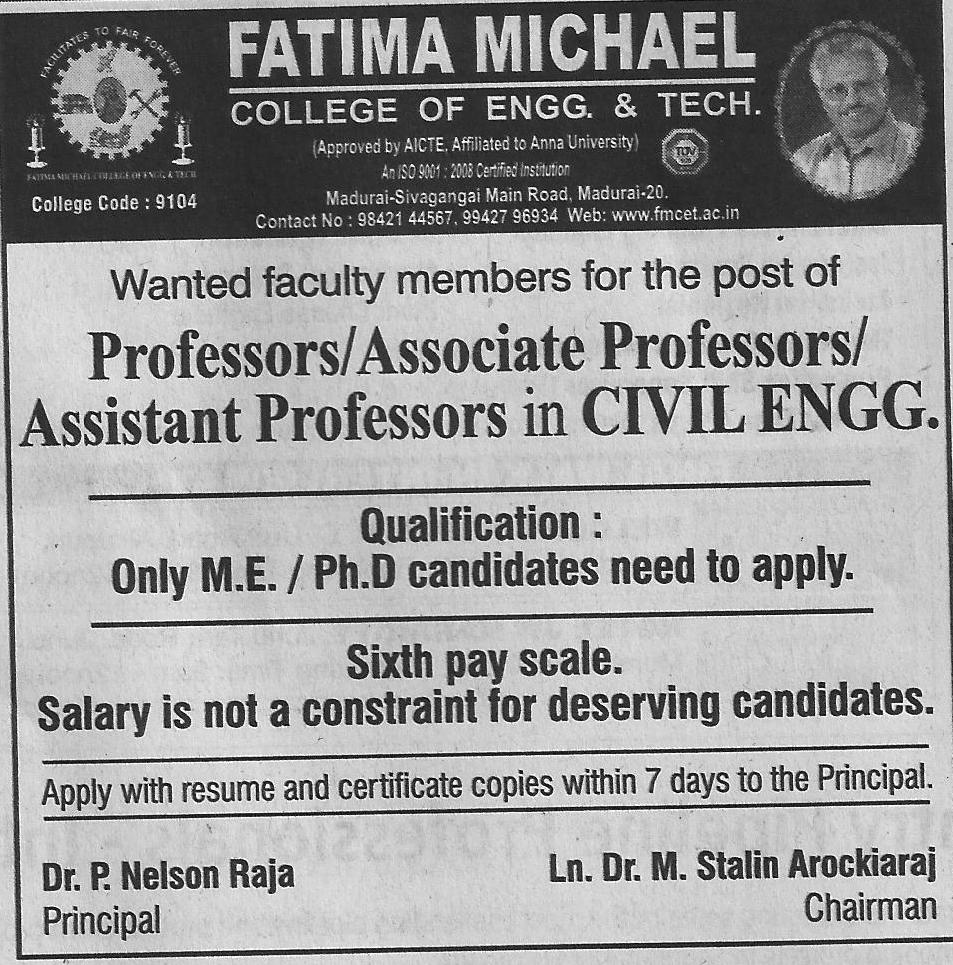 EMPLOYMENT NEWS: FATIMA MICHAEL COLLEGE OF ENGINEERING & TECHNOLOGY ...