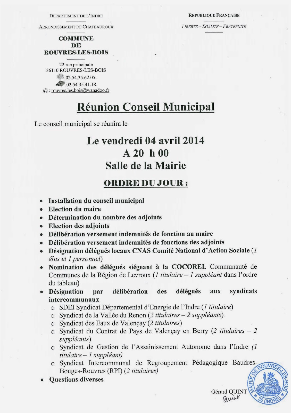 MAIRIE DE ROUVRES-LES-BOIS: Réunion d'installation du Conseil Municipal