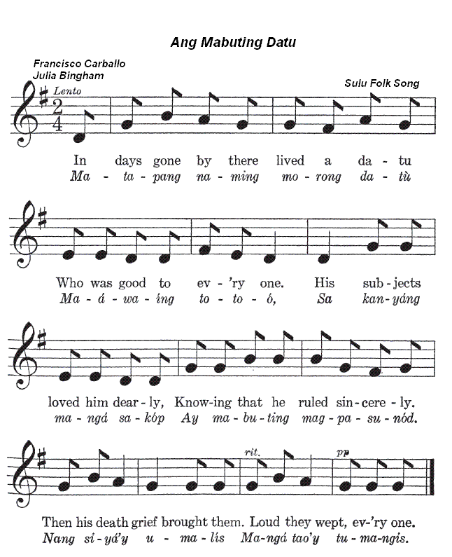 Ang Mabuting Datu Sheet Music With Lyrics Filipino Folk Song