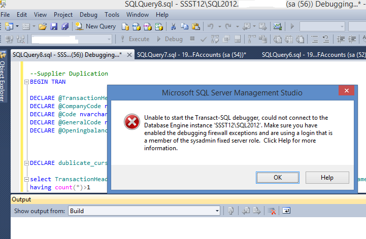 Unable to start the Transact-SQL debugger, could not connect to the ...