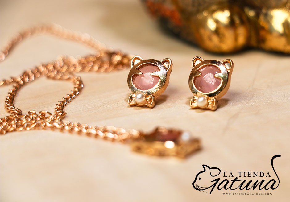 Cadena y Aretes Gato con perlita Ref. 033 - La Tienda Gatuna ...