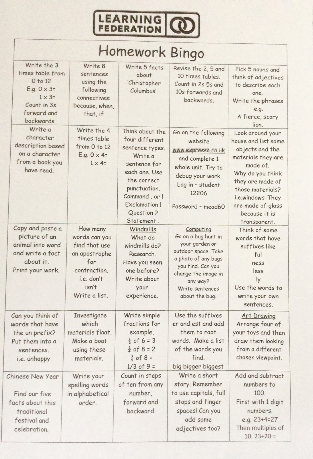 Mead Primary: Year 2 Bingo Homework