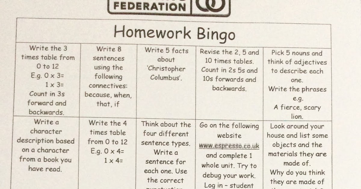 Mead Primary: Year 2 Bingo Homework