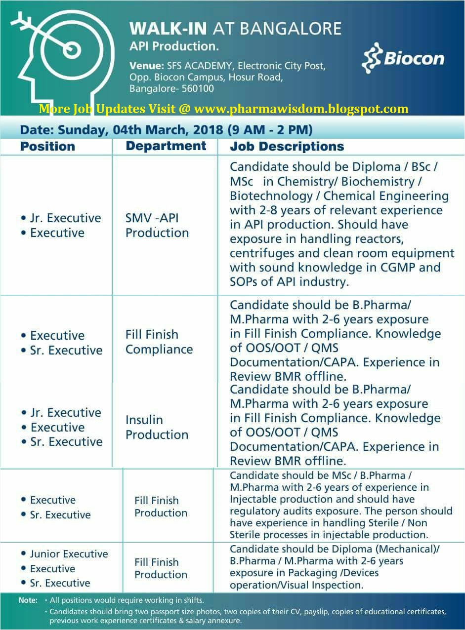 BIOCON LIMITED - Walk-In Interviews for Multiple Positions on 4th March ...