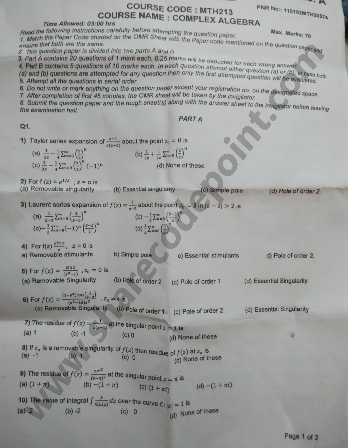MTH213 : Complex Algebra End Term Exam Question Paper ( MCQ ...