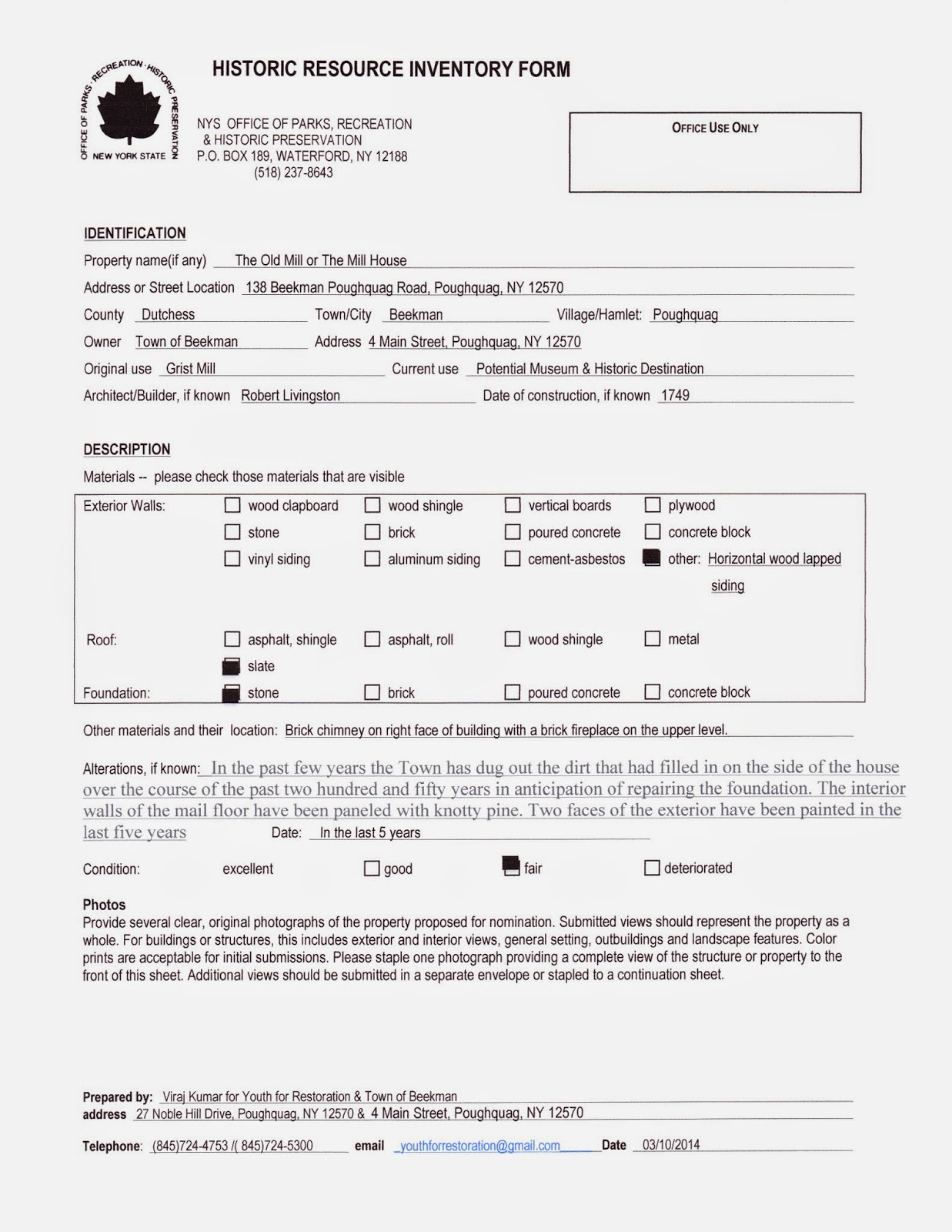 Youth for Restoration: Historic Resource Inventory Form