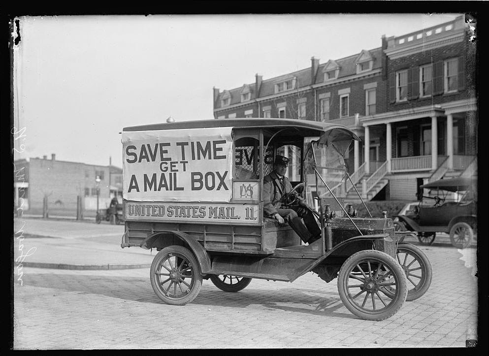 Old Mail Truck with the sign "Save time - Get a mail box", 1916 ...