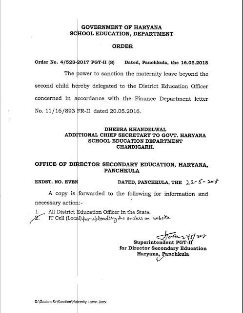 Maternity leave sanction power - Teacher Haryana Education News