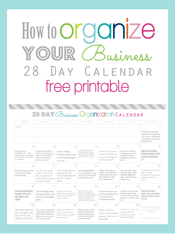 Clean Life and Home: How To Organize Your Business in 28 Days Calendar ...