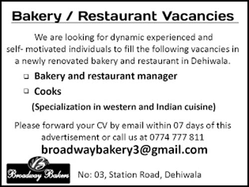 Vacancies for Bakery and Restaurant Manager, Cooks at Broadway Bakers