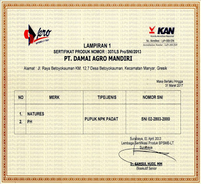 Surat Keterangan Standar Nasional Indonesia (SNI) - PT. DAMAI AGRO ...