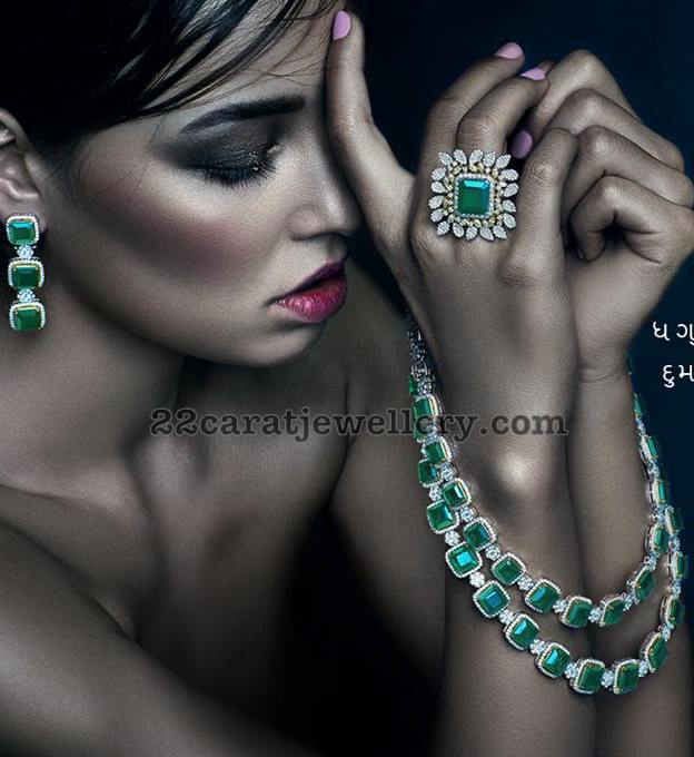 Two Layer Emerald Diamond Set and Ring - Jewellery Designs
