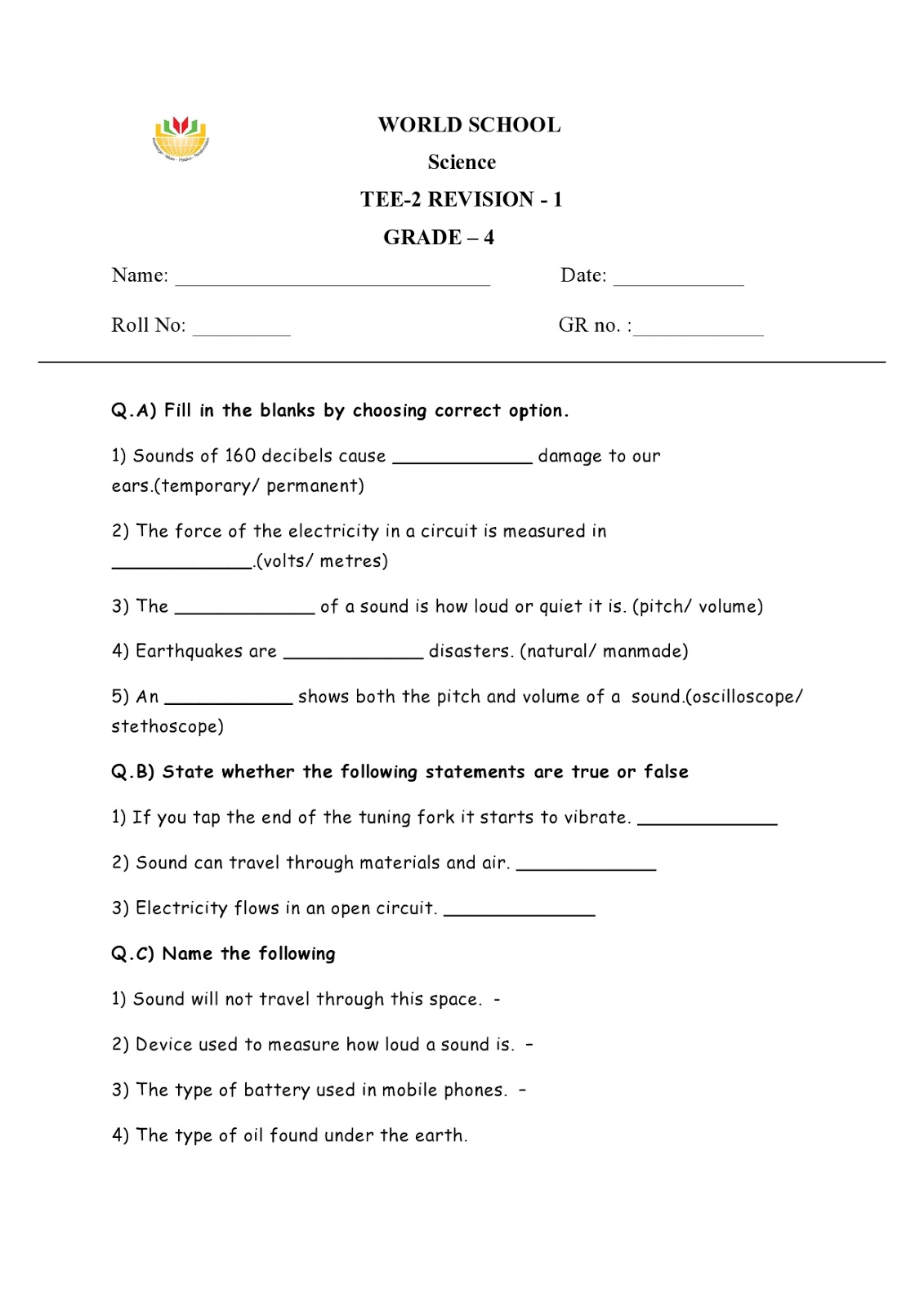 WORLD SCHOOL OMAN Revision Worksheets For Grade 4 As On 09 05 2019 WORLD SCHOOL OMAN Revision Worksheets For Grade 4 As On 09 05 2019
