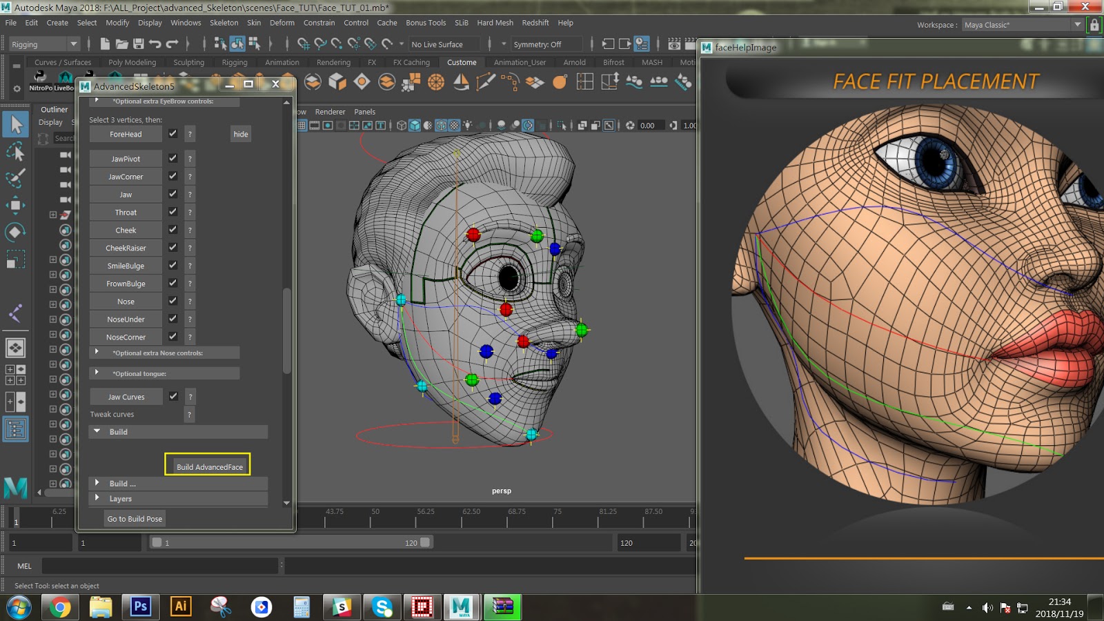 MAYA 骨架外掛 Advanced Skeleton的一些基本設定 Part 2 (臉部Rig)