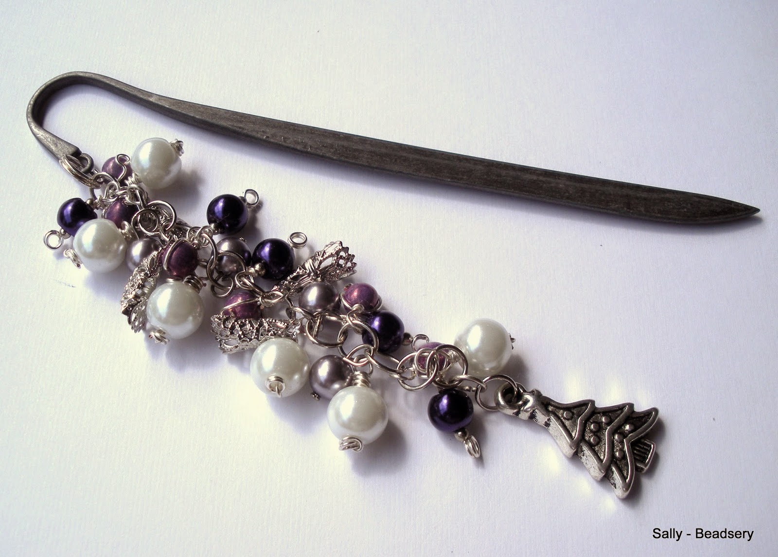BEADSERY: Purple and White Pearl Bookmark, Book Accessory, Purple Drops