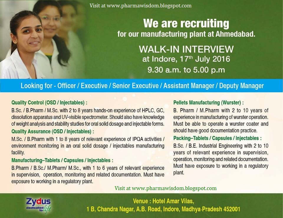 ZYDUS CADILA Walk-In Interview on 17th July 2016 @ Indore - PHARMA WISDOM