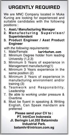 Lowongan Kerja PT. IntriCon Indonesia Juni 2016 - Lowongan Kerja Batam 2022
