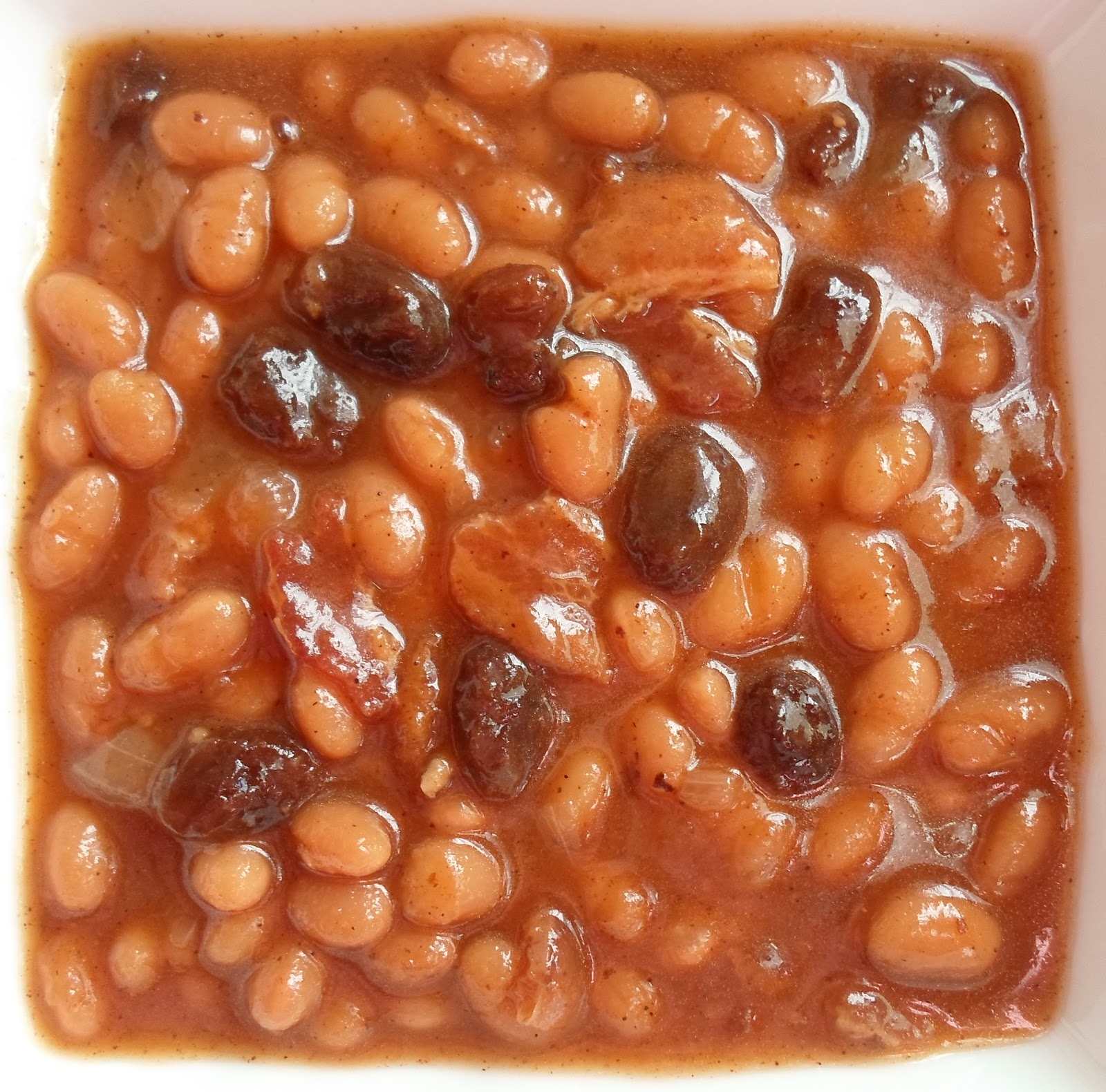 Happier Than A Pig In Mud: Autumn Beans with Apple Cider, Bacon and Raisins