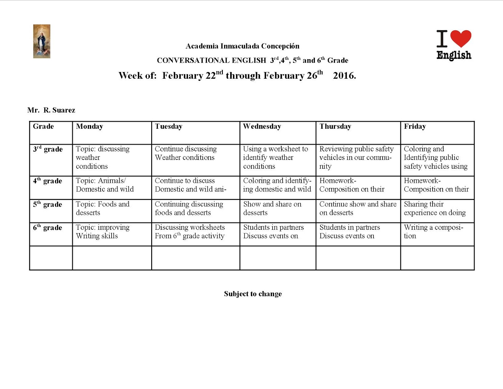 Suarez English Teacher: Weekly Plans