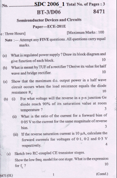ECE-201E Semiconductor Devices and Circuits BE ECE KUK 2006 Question ...