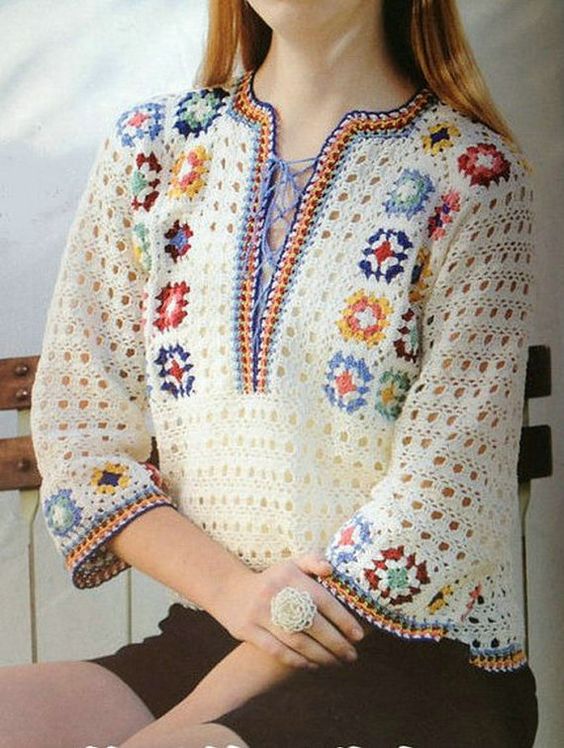 EU QUE FIZ - VOVÓ BAÍSA: Bata de crochê - branca com squares coloridos