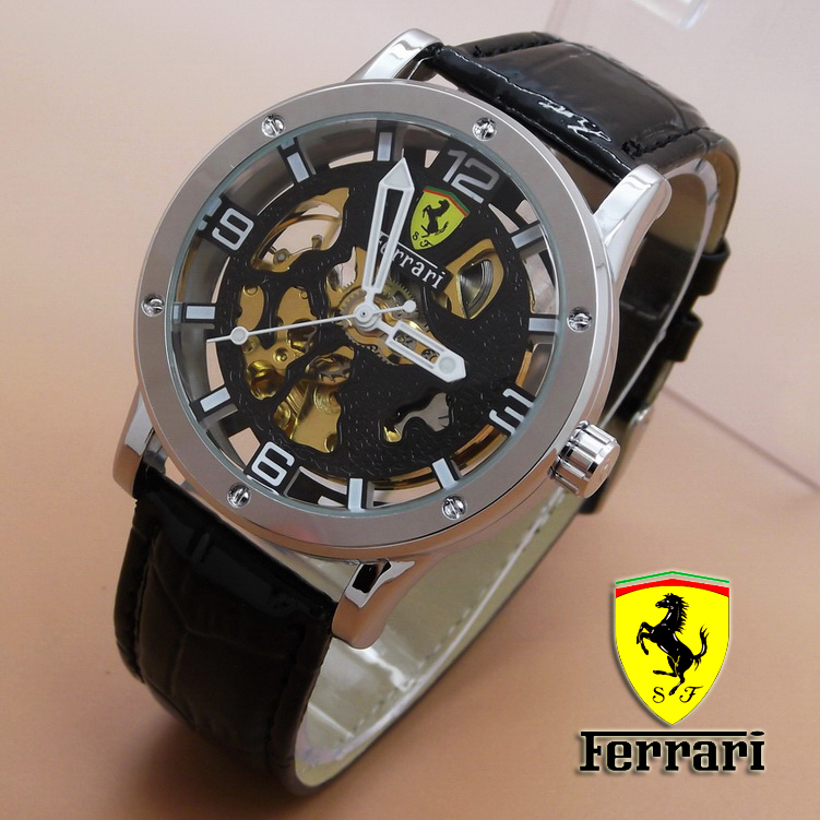 Jam Tangan Otomatis Ferrari Skeleton Leather (Black Dial Black Leather ...
