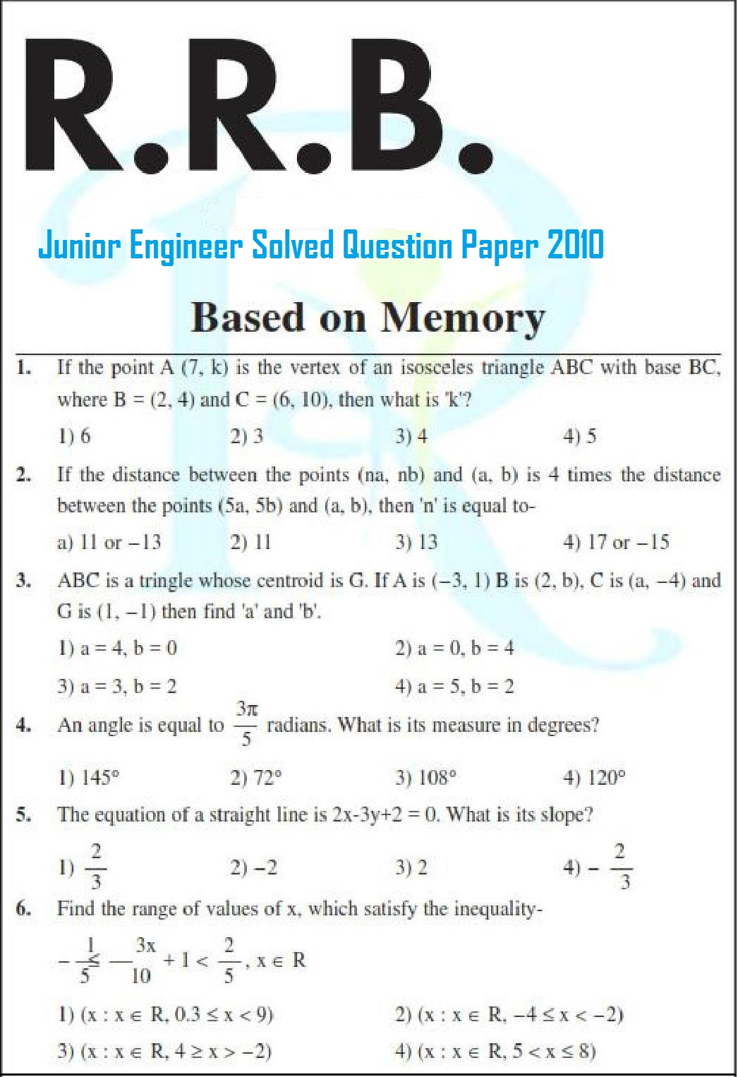 RAILWAY RECRUITMENT BOARD JE PREVIOUS 2010 QUESTION PAPERS WITH ANSWERS ...