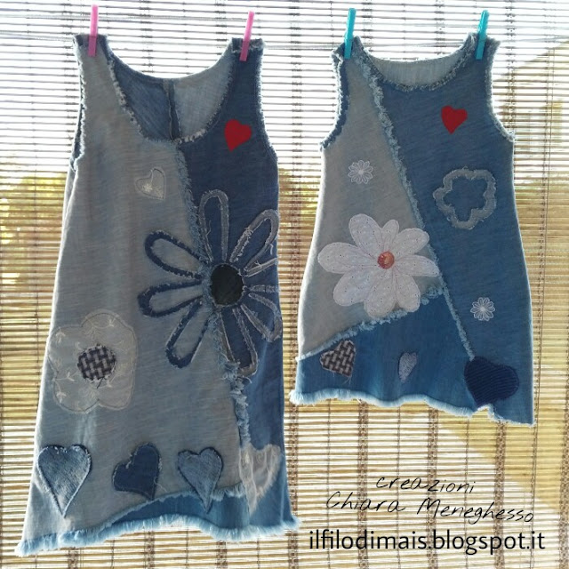 Riciclo jeans: abito donna e bimba